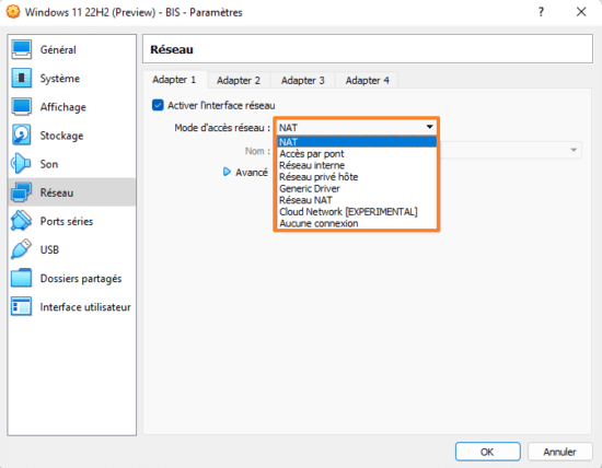 Types de réseaux VirtualBox : NAT, pont, host-only, etc.