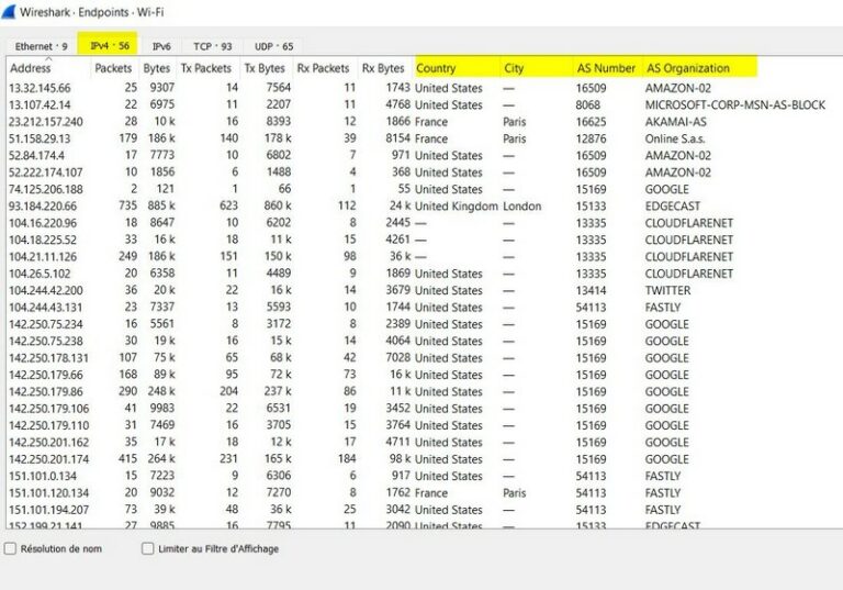 Wireshark : activer la géolocalisation des adresses IP