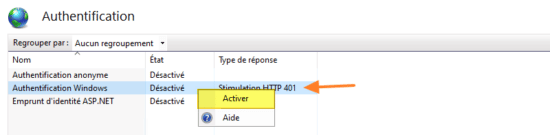 Serveur IIS : activer l'authentification Windows NTLM