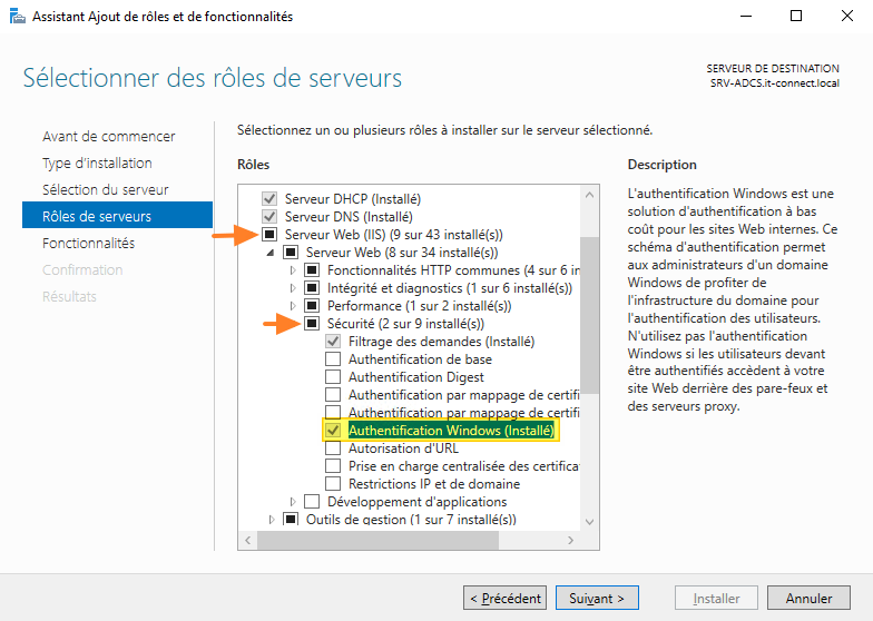 Serveur IIS : activer l'authentification Windows NTLM