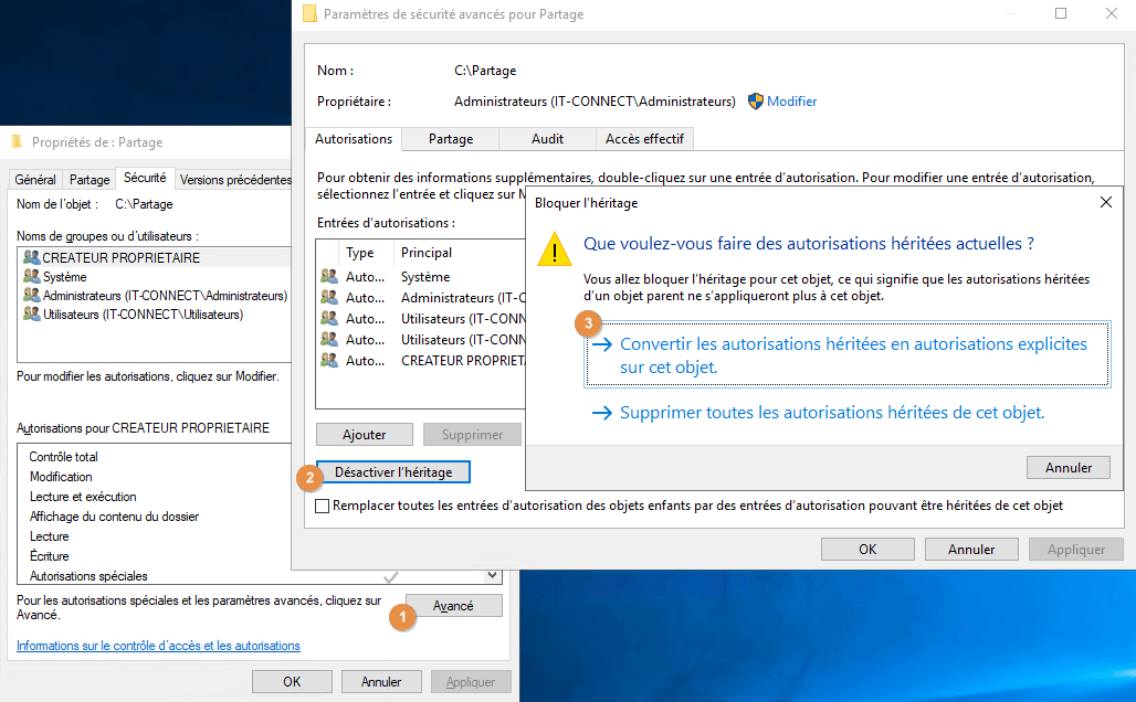 Prise en main des permissions NTFS et de partage - Windows