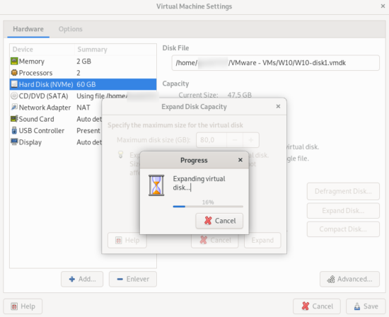 VM Windows - Linux : augmenter la taille du disque système