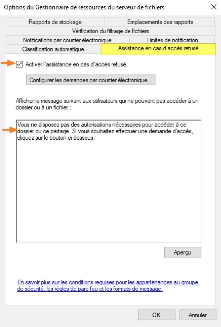 Serveur de fichiers - FSRM : personnaliser l'accès refusé