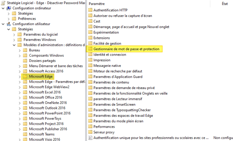 GPO Microsoft Edge : désactiver le gestionnaire de mots de passe