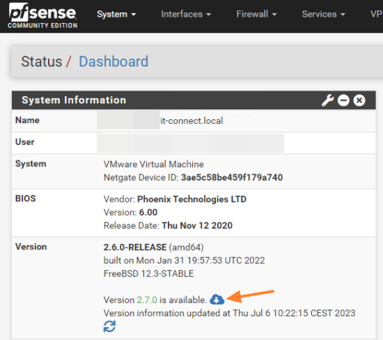 Comment mettre à niveau pfSense 2.6.0 vers 2.7.0