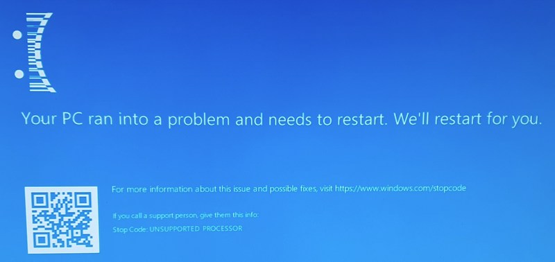 Mises à jour Windows et écran bleu avec l'erreur UNSUPPORTED PROCESSOR