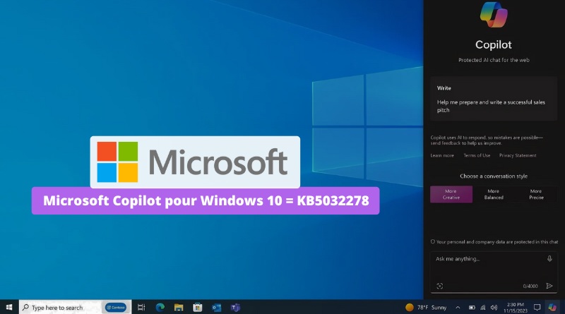 Copilot pour Windows 10 s'active avec la mise à jour KB5032278