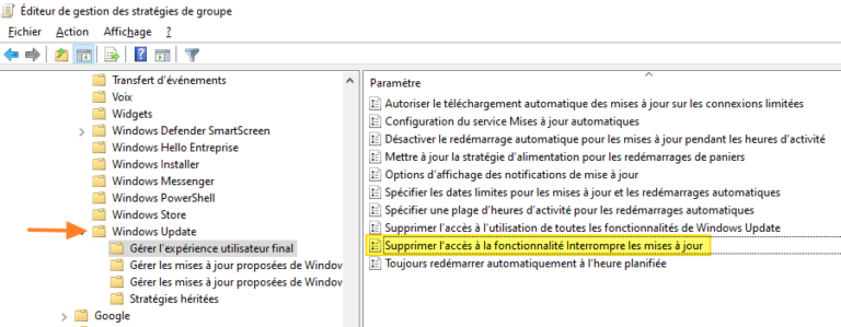 GPO Windows Update - Désactiver l’option Interrompre les mises à jour