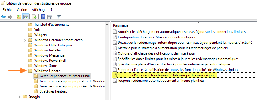 GPO Windows Update - Désactiver l’option Interrompre les mises à jour