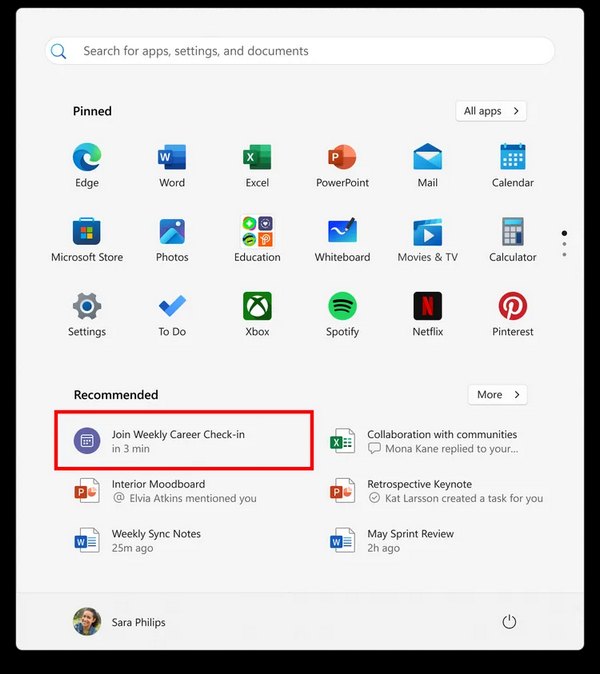 Le menu Démarrer de Windows 11 va intégrer votre prochaine réunion Teams