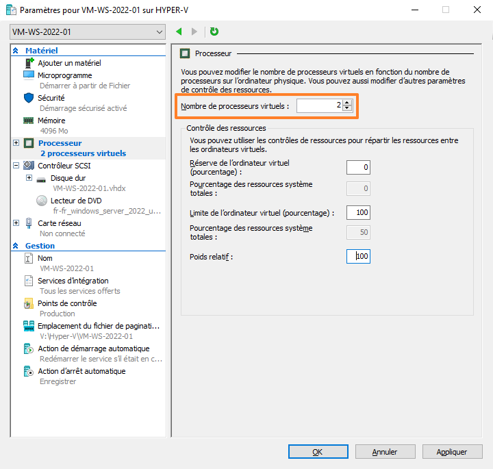 Hyper-V - Configurer le CPU virtuel des VM