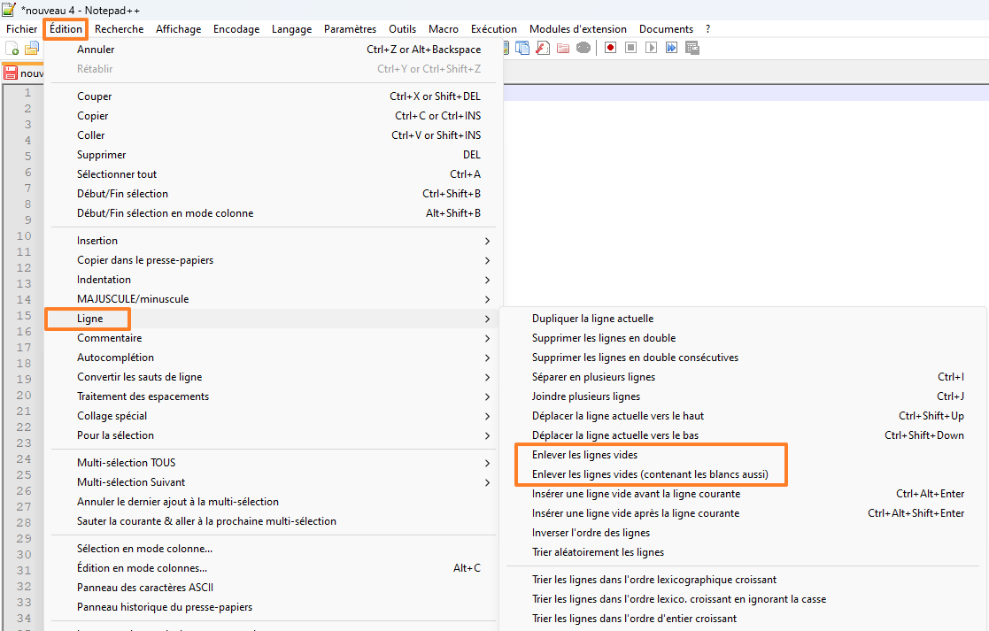 Notepad++ : supprimer les lignes vides dans un fichier