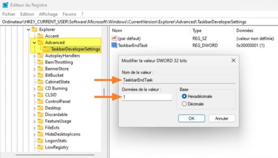 Windows 11 - Activer l'option Terminer la tâche dans la barre des tâches