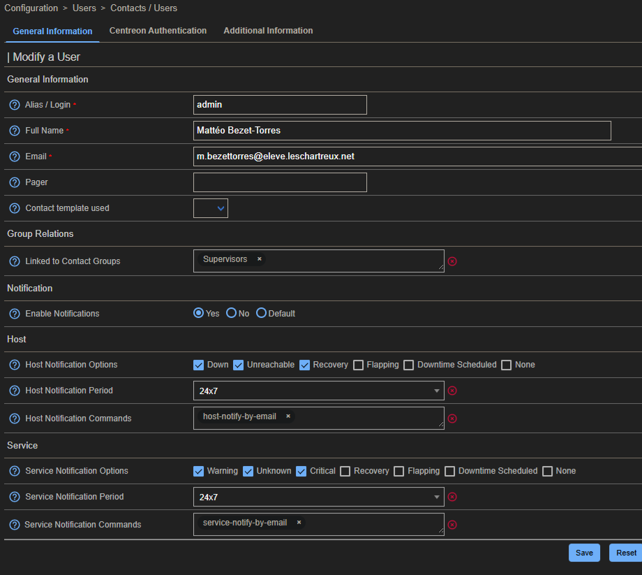 Centreon : configuration des notifications par e-mail (SMTP)