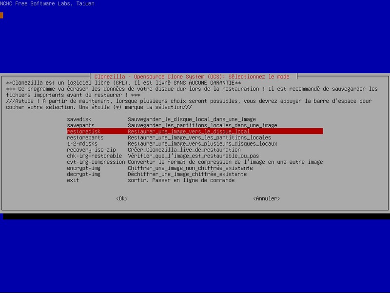 Clonezilla : restaurer une image disque de son PC