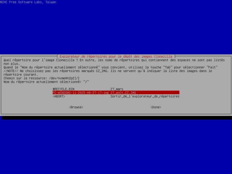 Clonezilla : restaurer une image disque de son PC